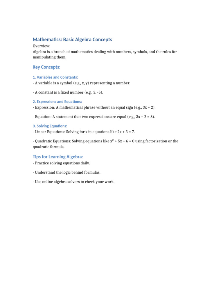 Mathematics Algebra Concepts | PDF