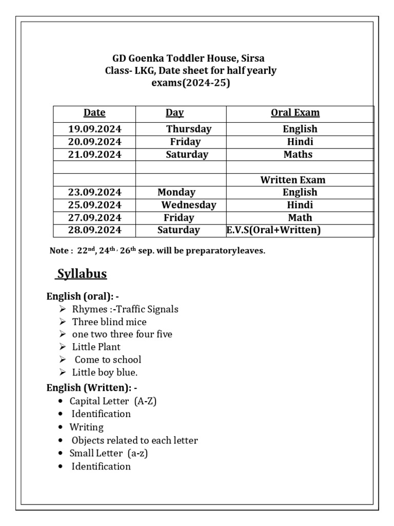 GD Goenka Toddler House Exam Dare Sheet | PDF