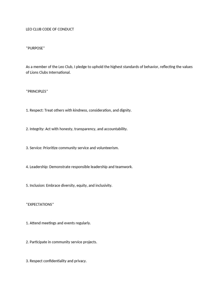 Leo Club Code of Conduct Pledge | PDF