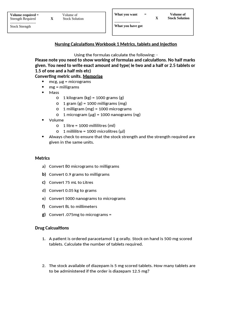 Drug Calculations workbook 1 -Metrics, tablets and injections (1)(2 ...