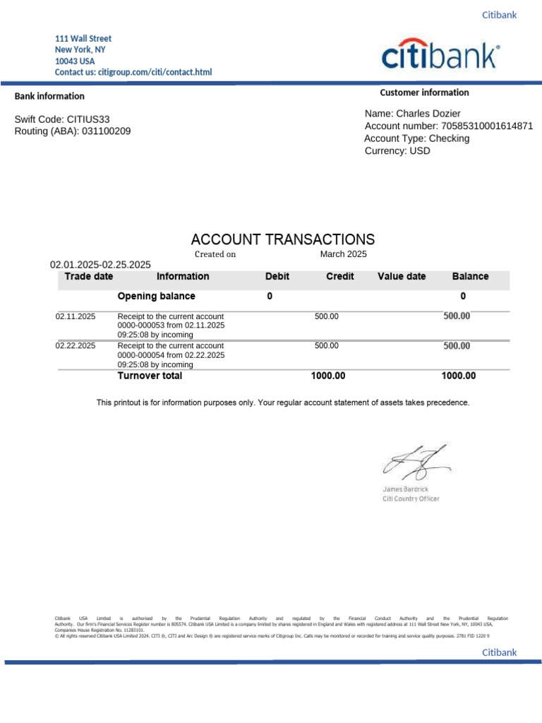 Charles Dozier Bank Statement | PDF | Citigroup | Transaction Account