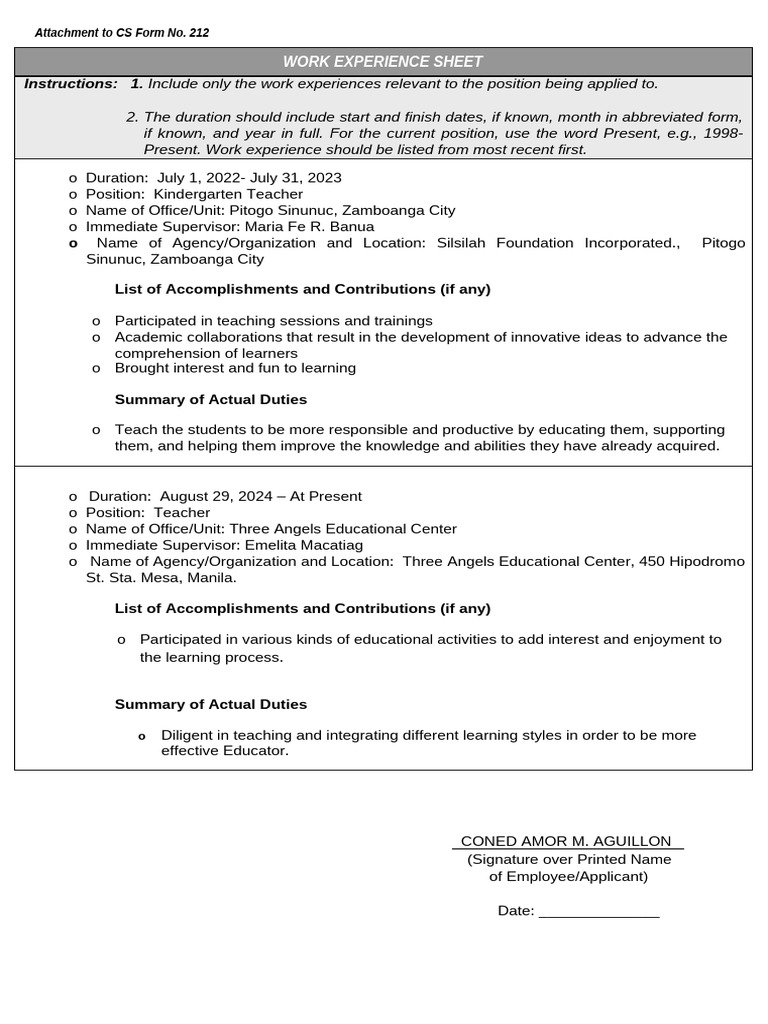 CS Form No. 212 Attachment - Work Experience Sheet (1) | PDF