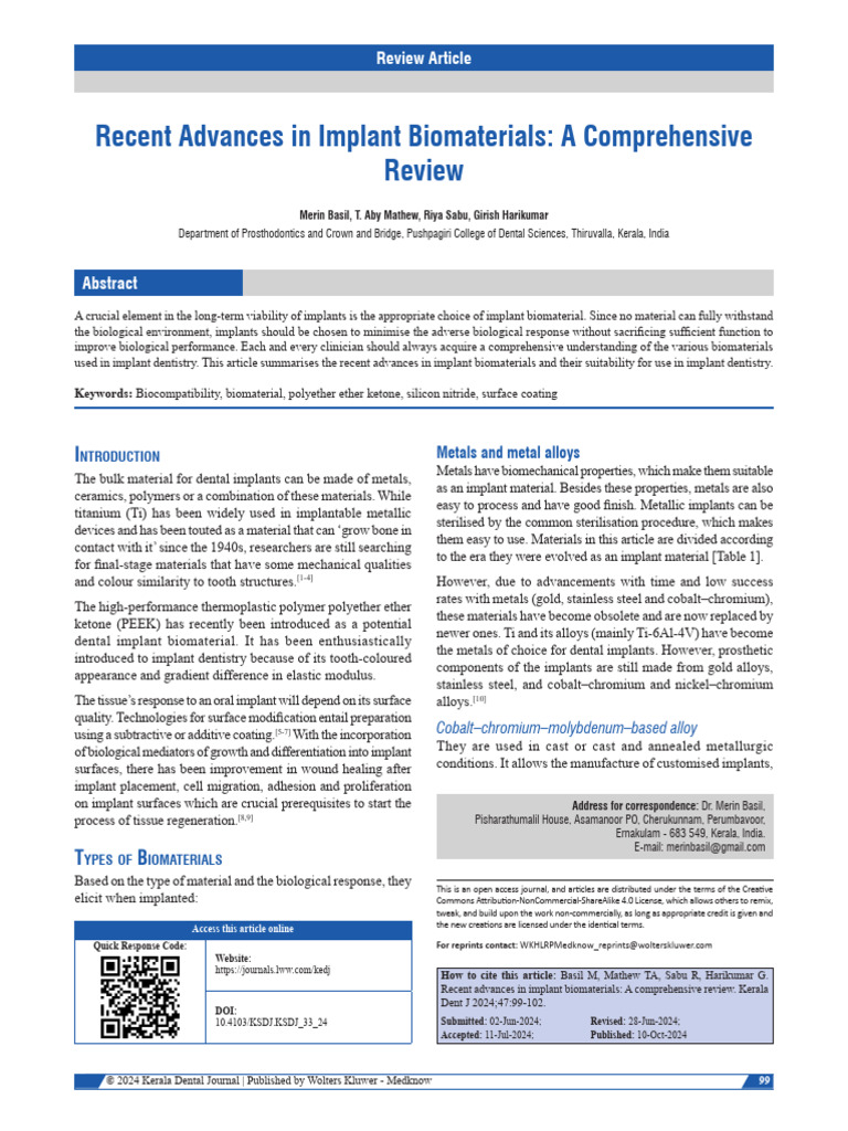 Recent Advances in Implant Biomaterials A.4 | PDF | Titanium | Zirconium