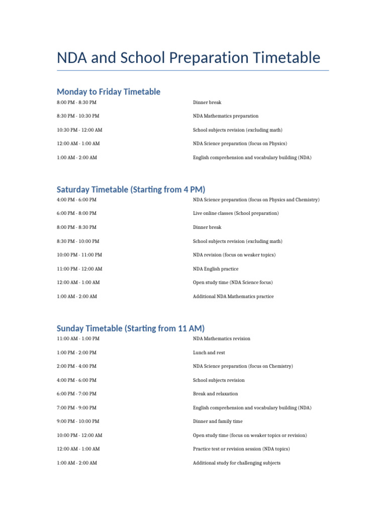 Updated Timetable NDA School Preparation | PDF