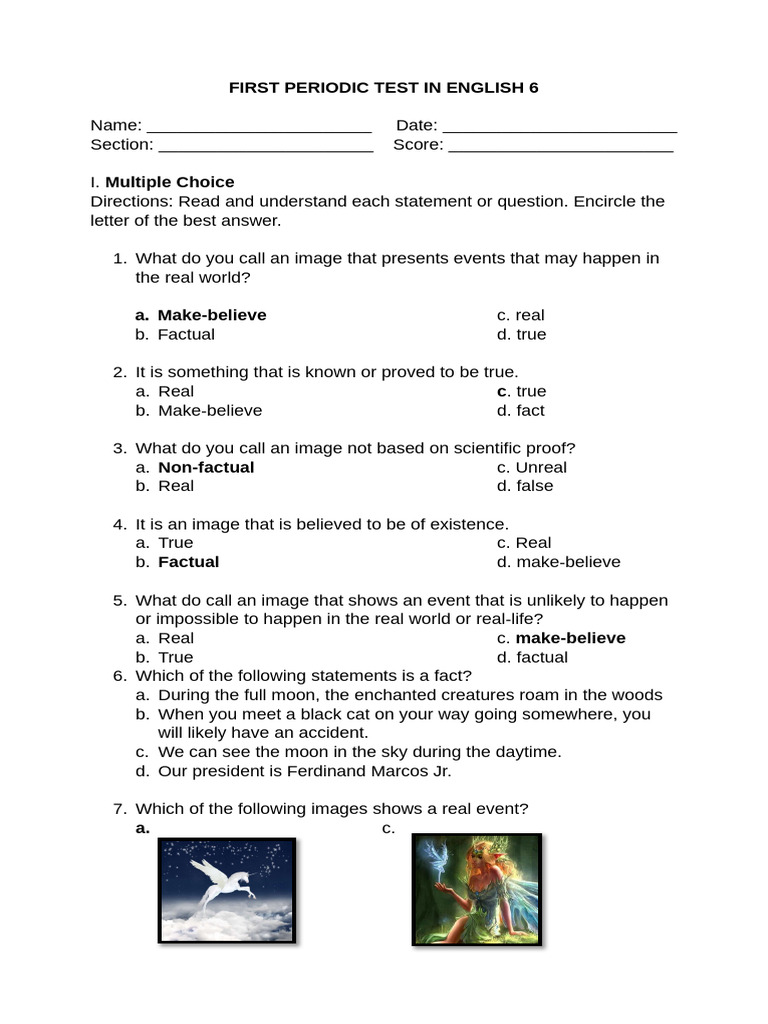 English 6 First Periodic Test Guide | PDF | Color | Image