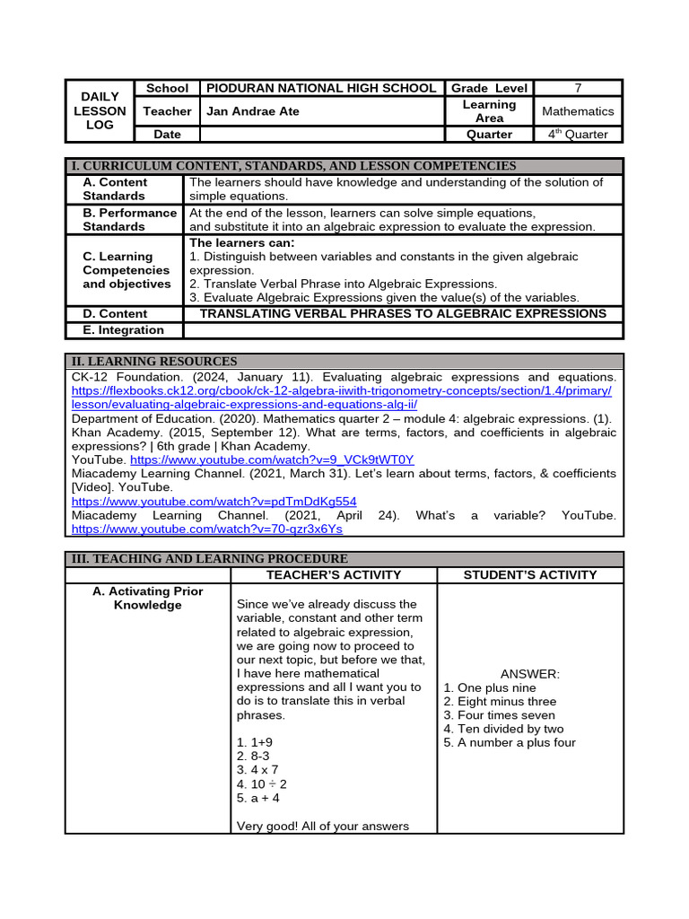 Translating Verbal Phrases to Algebra | PDF | Learning | Algebra