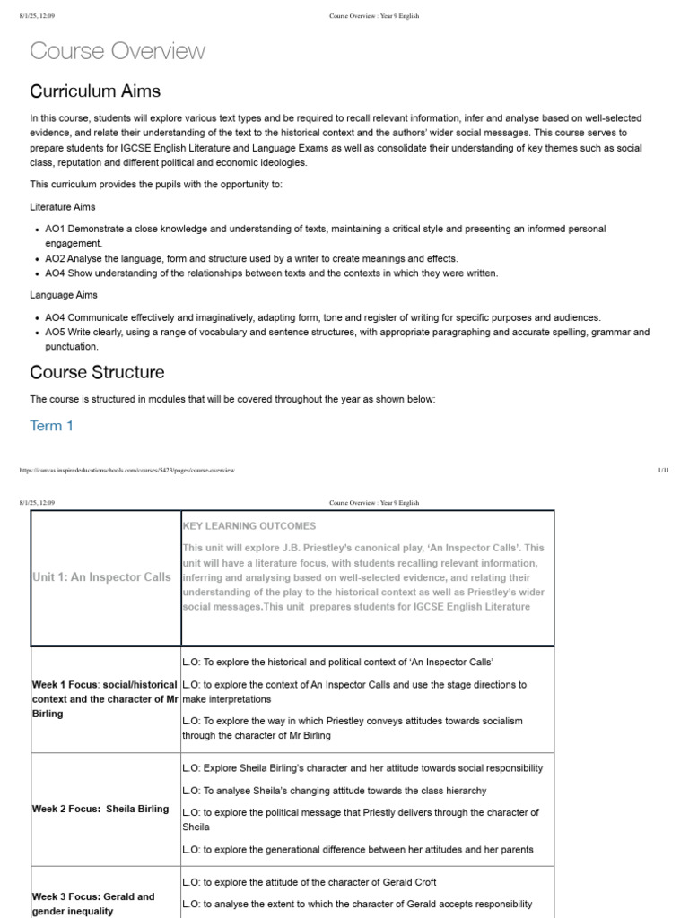 Course Overview _ Year 9 English | PDF
