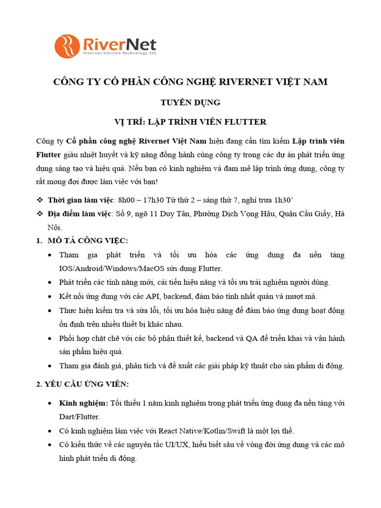 RVN - JD LẬP TRÌNH VIÊN FLUTTER (1) | PDF