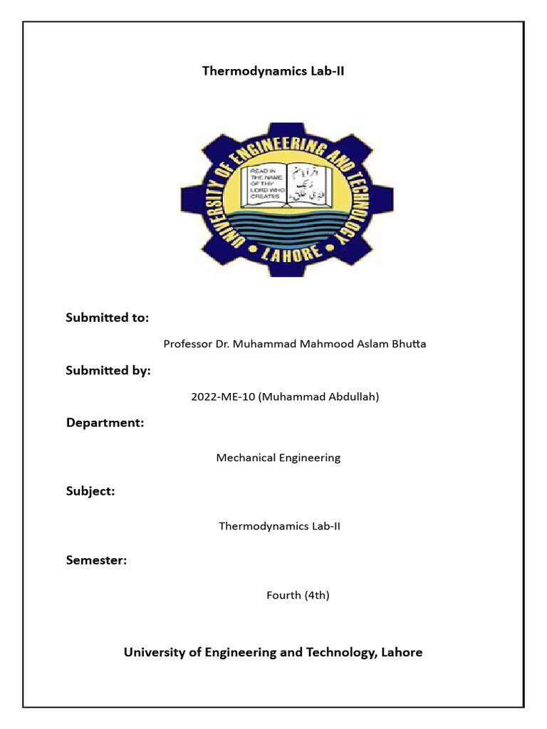 Thermodynamics Lab-II OEL (2022-ME-10) | PDF