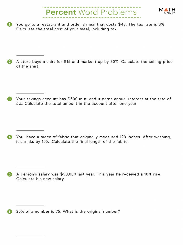 Percent Word Problems Worksheet Printable | PDF