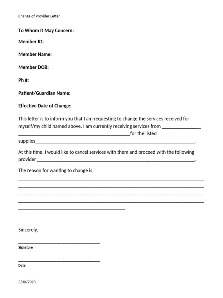 Change of Provider Letter 2023 | PDF