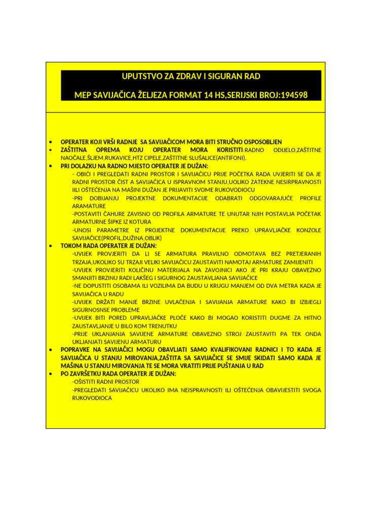 Uputstvo Za Siguran Rad Savijačice | PDF