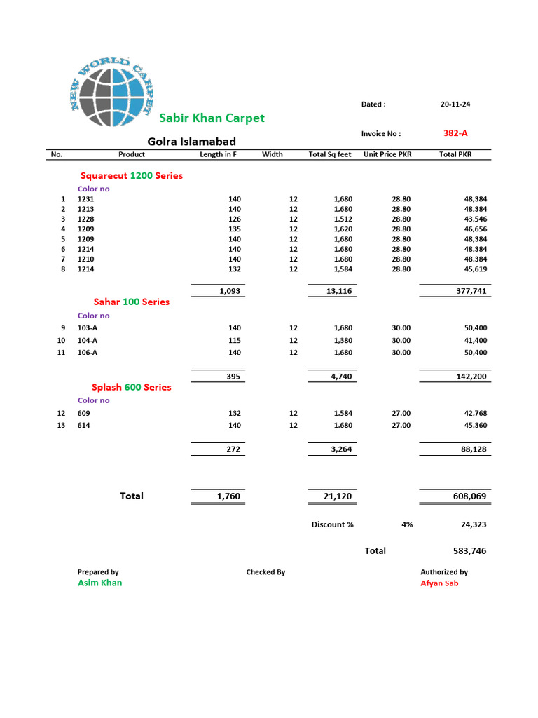 Invoice for Carpet Products - Nov 2024 | PDF