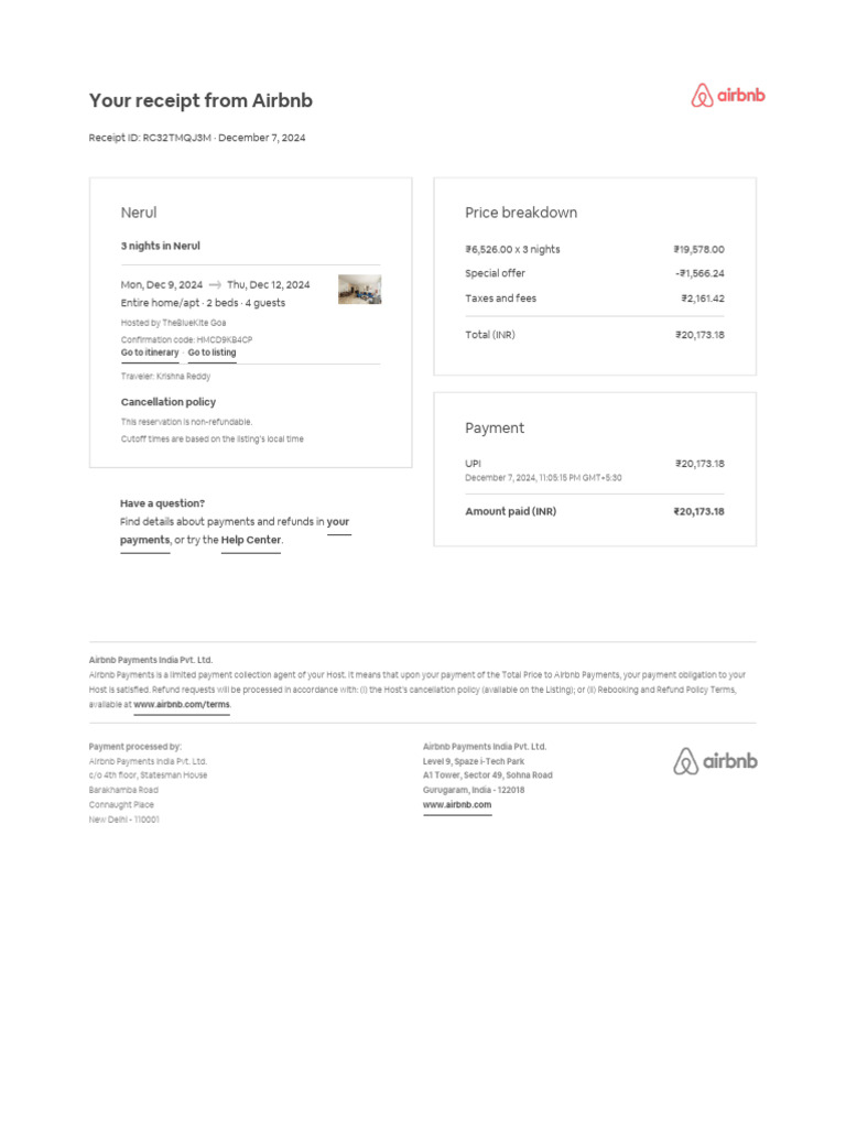 Airbnb Payment Receipt for Nerul Stay | PDF | Government Finances | Money