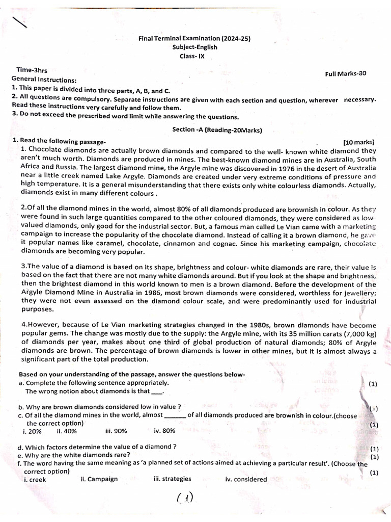 Class 9 English Reading 20 Marks | PDF