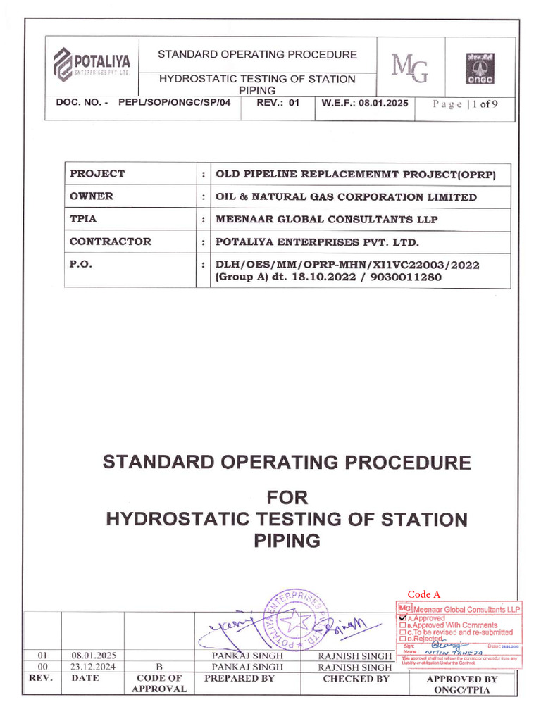SOP For Station Piping Hydrotesting - Code A - 09.01.2025 | PDF