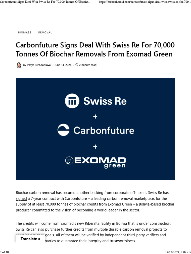 Carbonfuture Signs Deal With Swiss Re For 70,000 Tonnes of Biochar Removals From Exomad Green ...