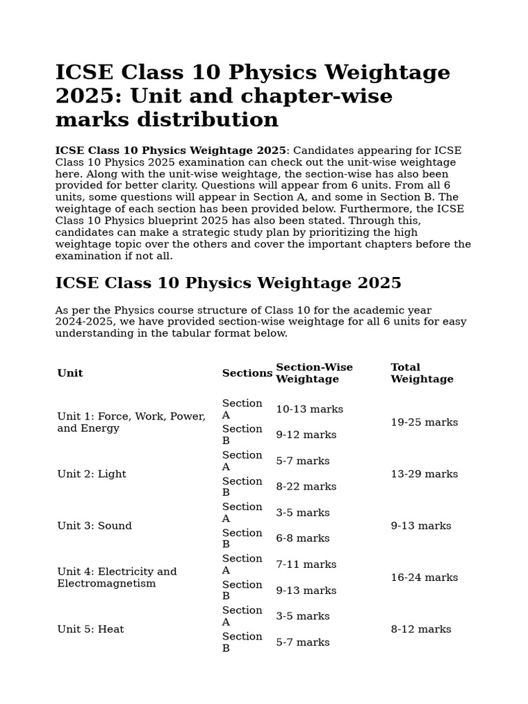 Physics Weightage 2025 | PDF | Physics | Science Physics Weightage 2025 | PDF | Physics | Science