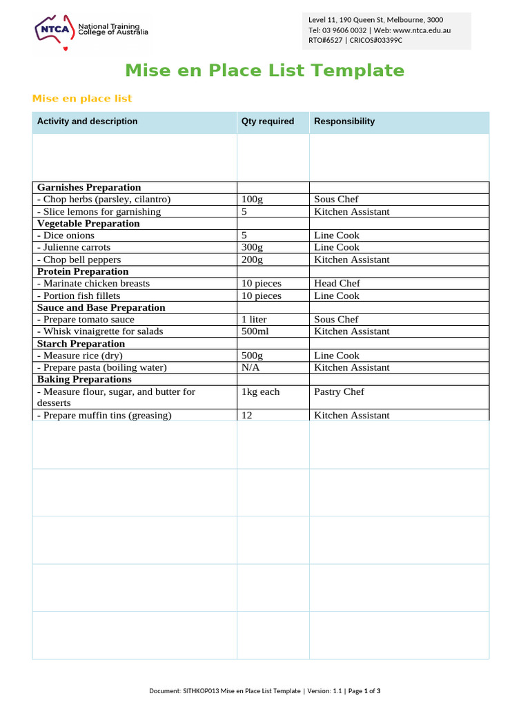 SITHKOP013 Mise en Place List Template 2 | PDF | Pasta | Asian Cuisine