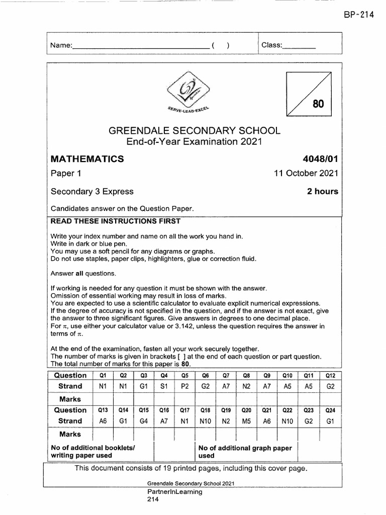 E-Math - Sec 3 - SA 2 - 2021 - Greendale Sec | PDF | Area | Mathematics