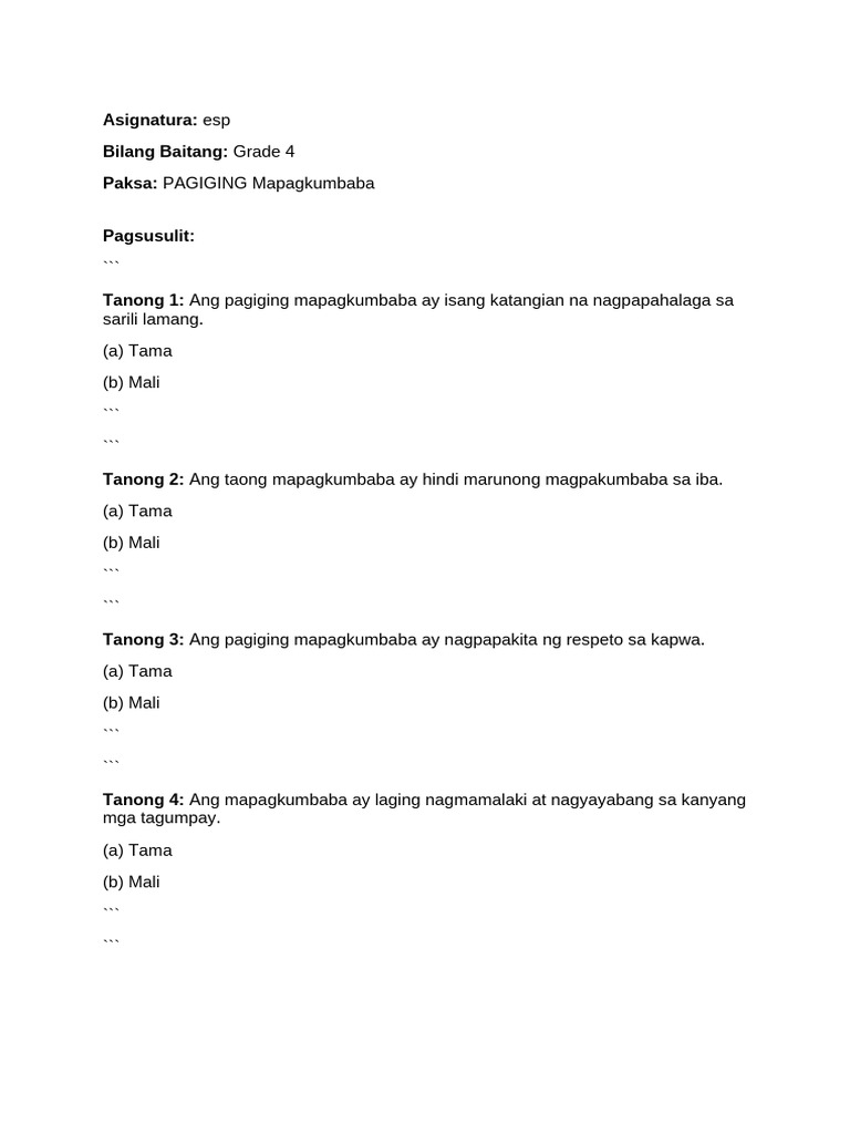 Quiz - PAGIGING Mapagkumbaba | PDF