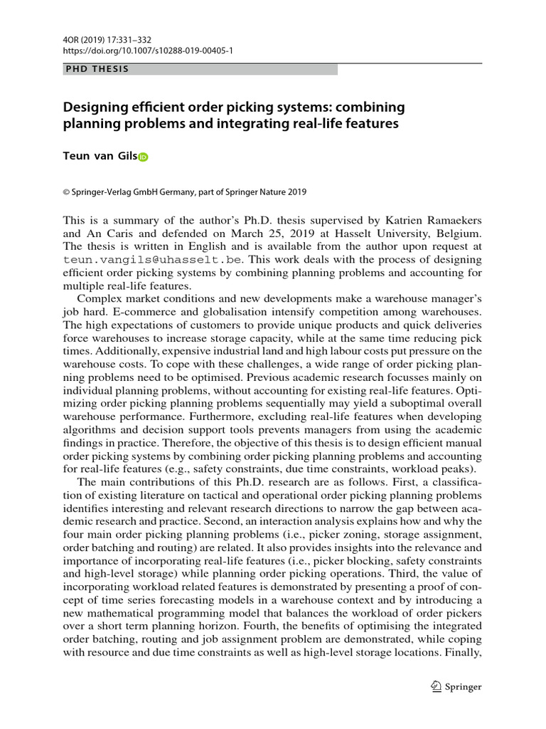 Designing Efficient Order Picking Systems: Combining Planning Problems ...