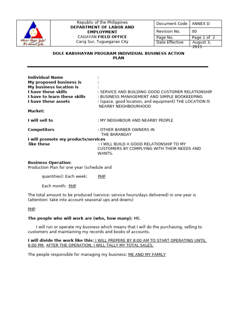 Dole Kabuhayan Program Individual Business Action Plan | PDF | Business ...
