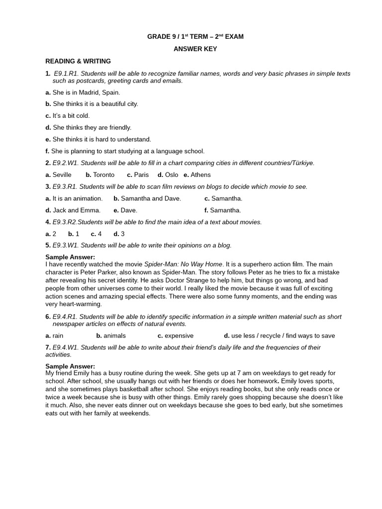 Grade 9 Term 1 Exam 2 - Answer Key | PDF | Spider Man