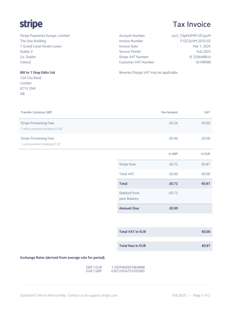 Stripe Tax Invoice for February 2025 | PDF | Value Added Tax | Payments