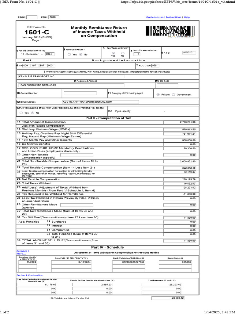BIR Form No. 1601 C - 122024 | PDF | Economies | Taxation