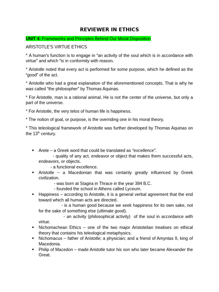 Reviewer in Ethics (Finals - FirstSemester) | PDF | Utilitarianism | Aristotle