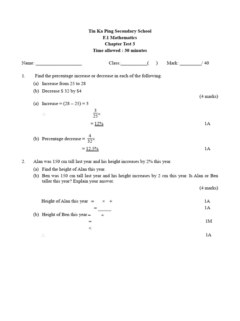 24-25_Form 1 Math CT3_Question and Answer (1) | PDF | Length