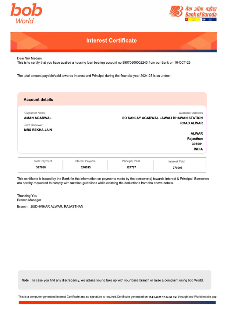 Interest Certificate Home Loan 24-25 | PDF