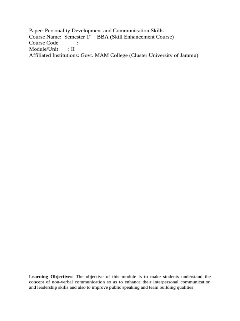 Personality Development Unit 2 Pdf Communication Nonverbal