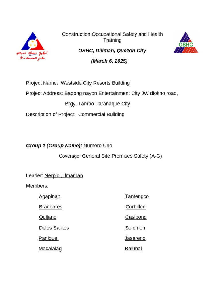 Group 1_ COSH Site Visit Report | PDF | Personal Protective Equipment | Safety