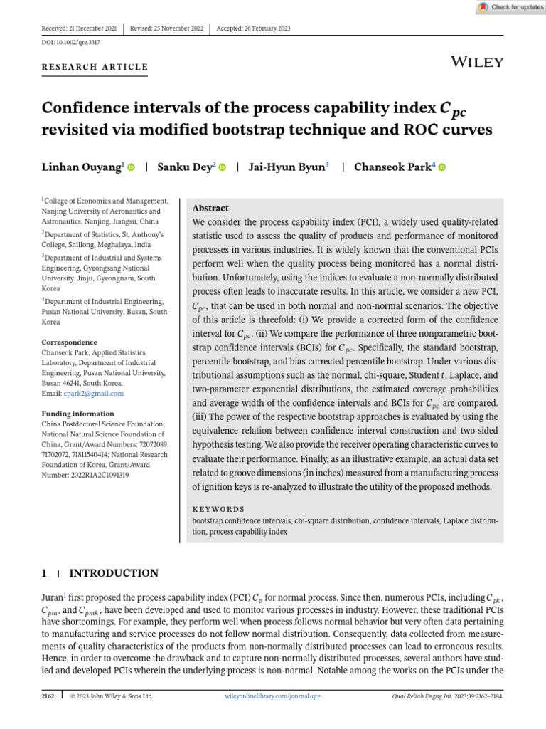 Quality Reliability Eng - 2023 - Ouyang - Confidence Intervals of The Process Capability Index ...