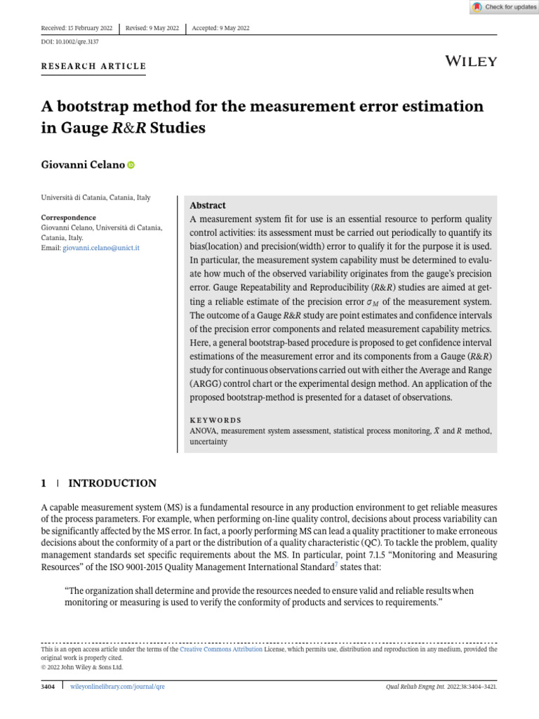 Quality Reliability Eng - 2022 - Celano - A Bootstrap Method For The Measurement Error ...