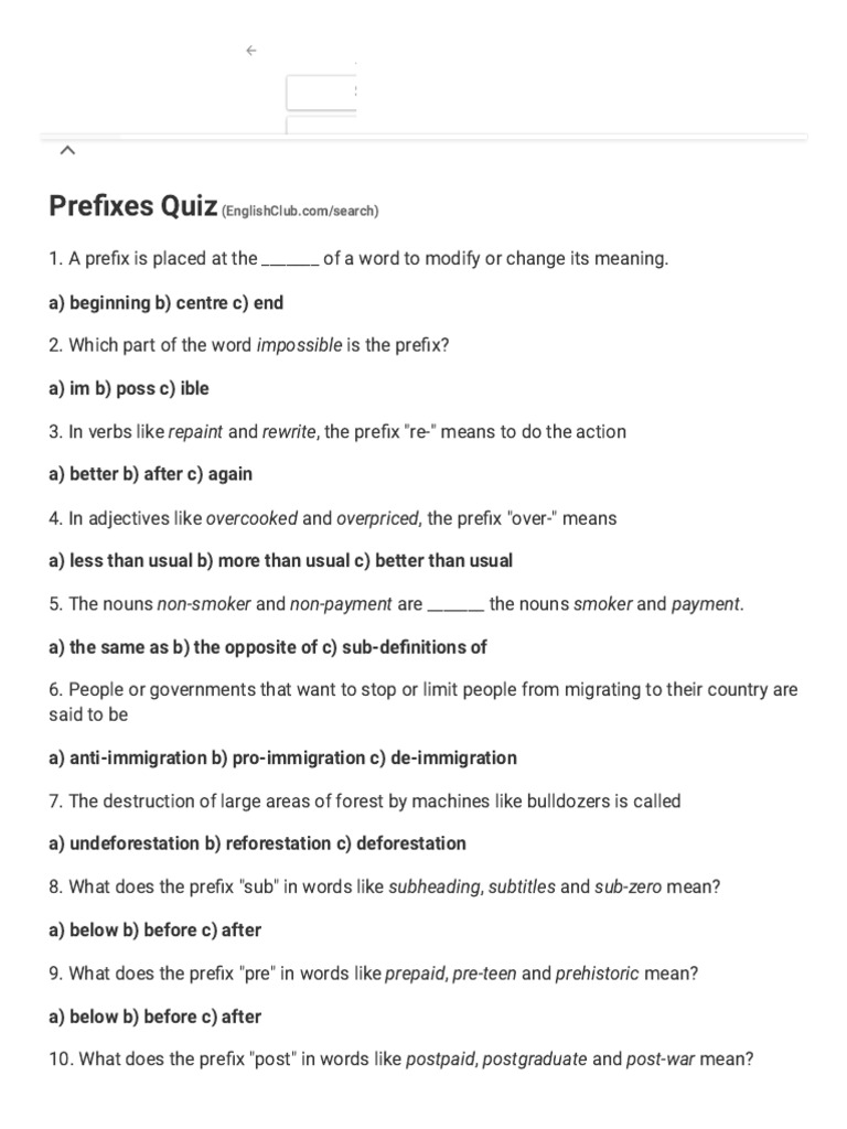 Prefixes Quiz ? _ Learn English | PDF