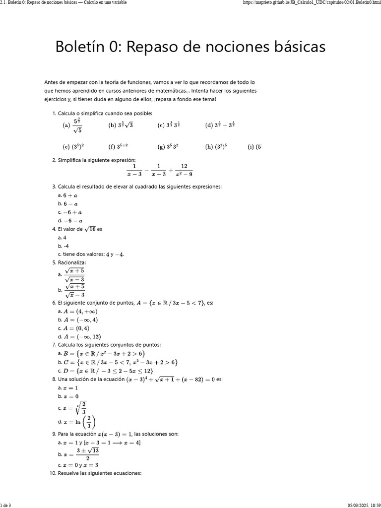 2.1. Boletín 0 Repaso de Nociones Básicas | PDF | Ecuaciones | Matemáticas