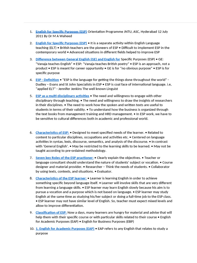 English For Specific Purposes | PDF | Learning | English Language