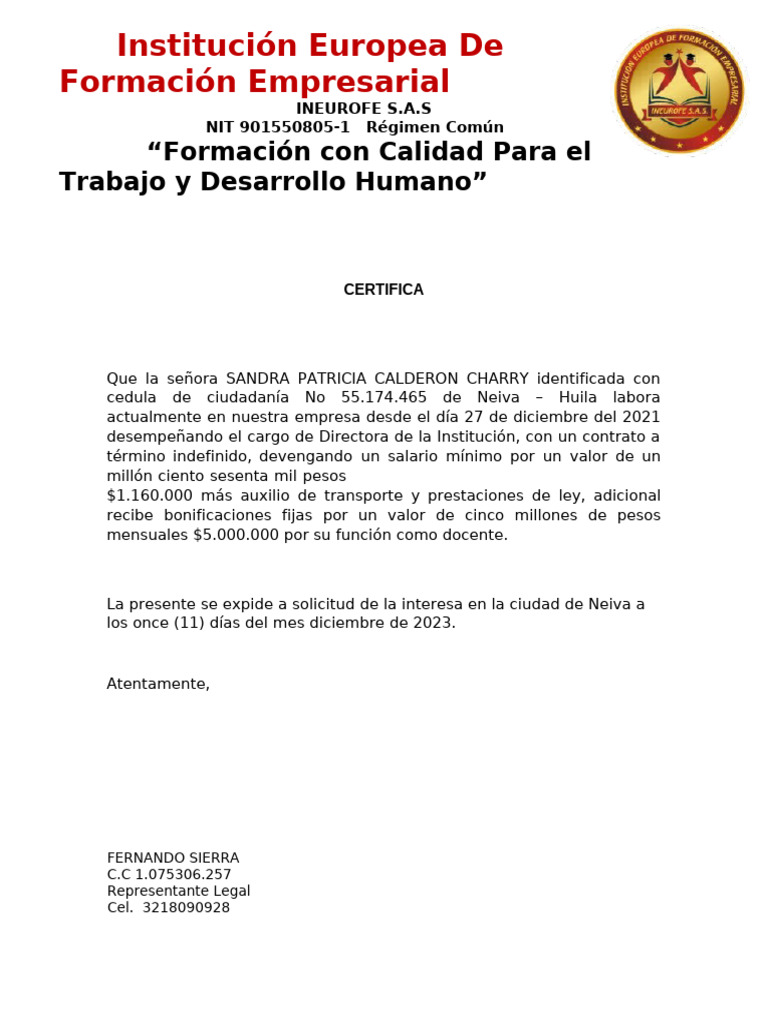 CERTIFICADO LABORAL sandra | PDF