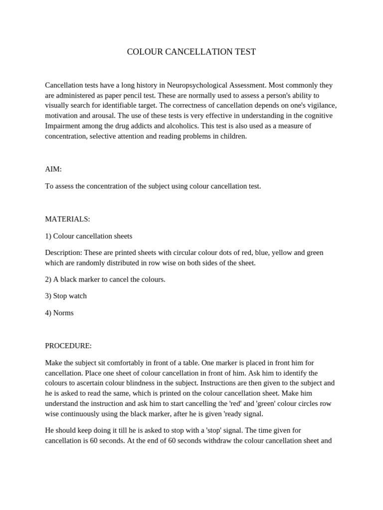 Colour Cancellation Test | PDF | Cognitive Psychology | Behavioural ...