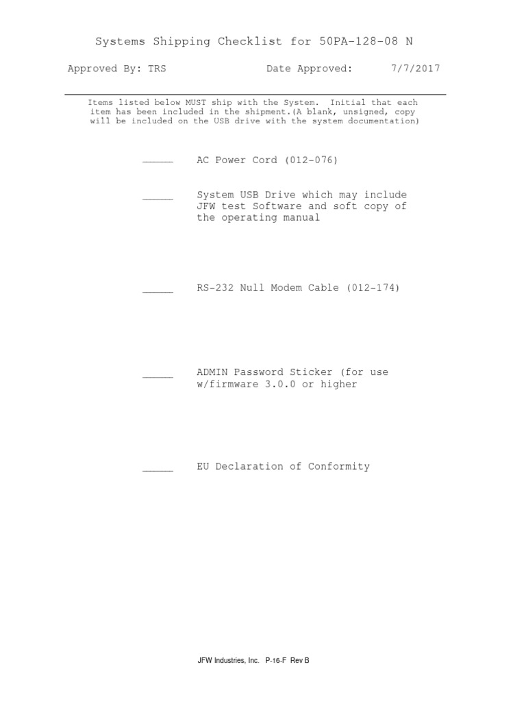 Systems Shipping Checklist for 50PA-128-08 N | PDF