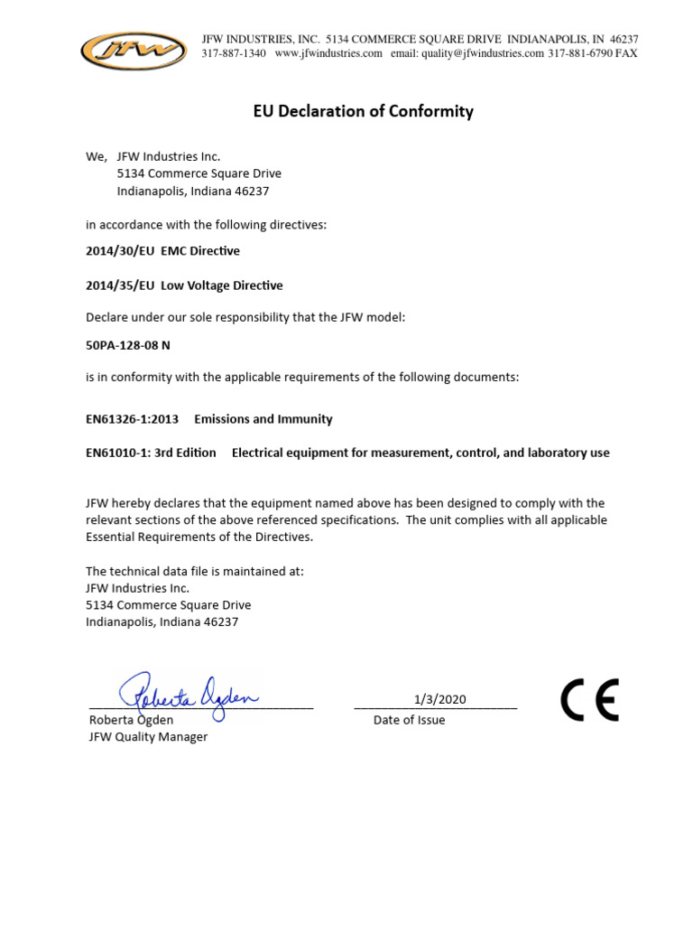 JFW Industries Compliance Declaration | PDF