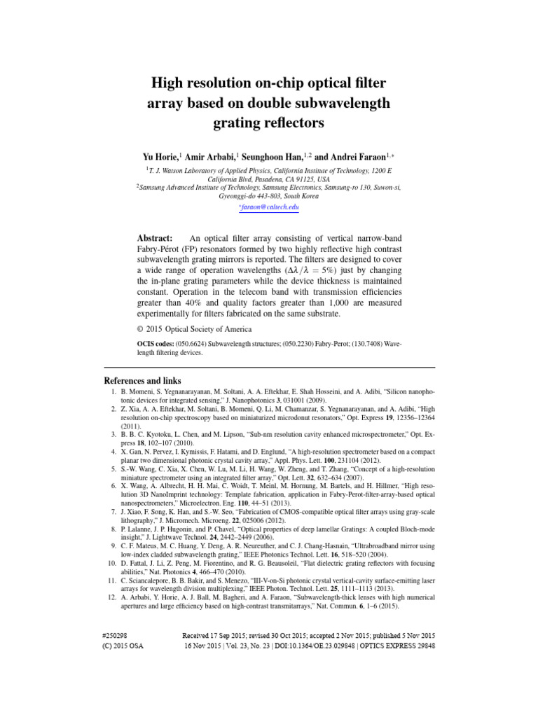 High-Resolution On-Chip Optical Filters | PDF | Optical Filter | Wavelength