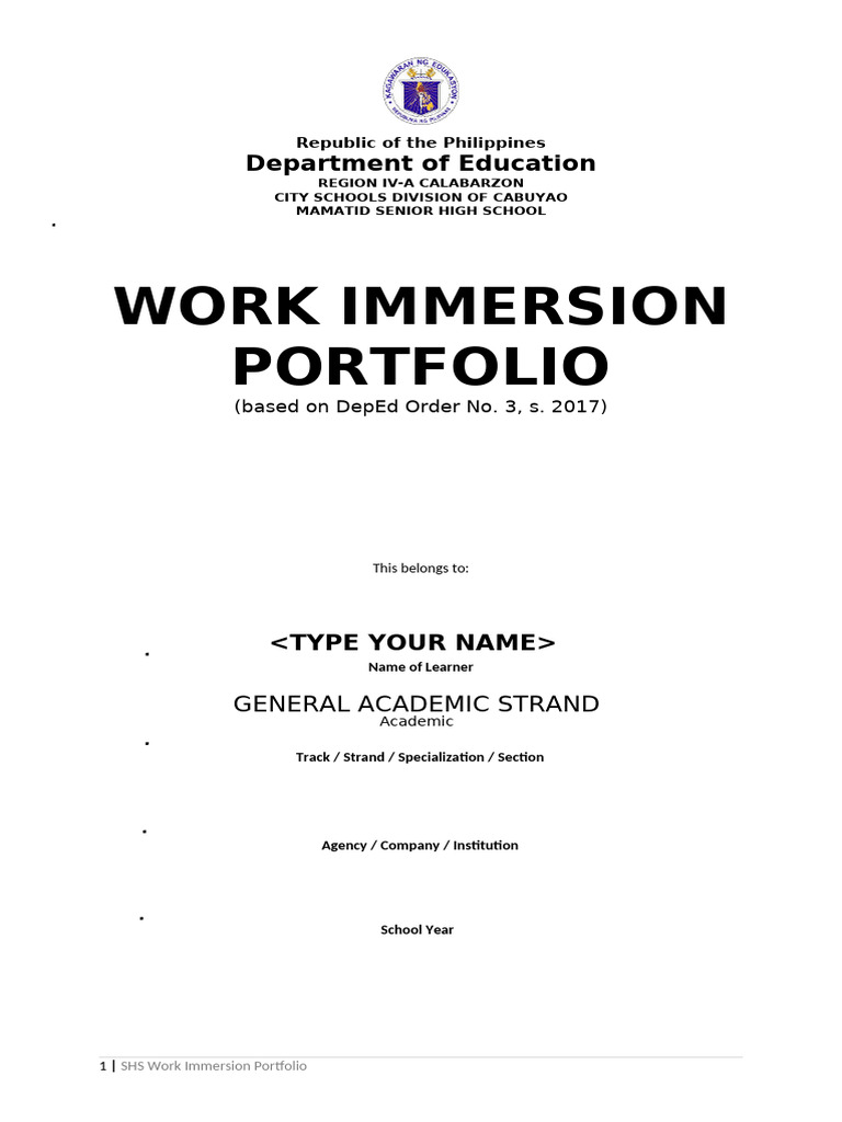 SHS Work Immersion Portfolio Guide | PDF | Curriculum | Learning