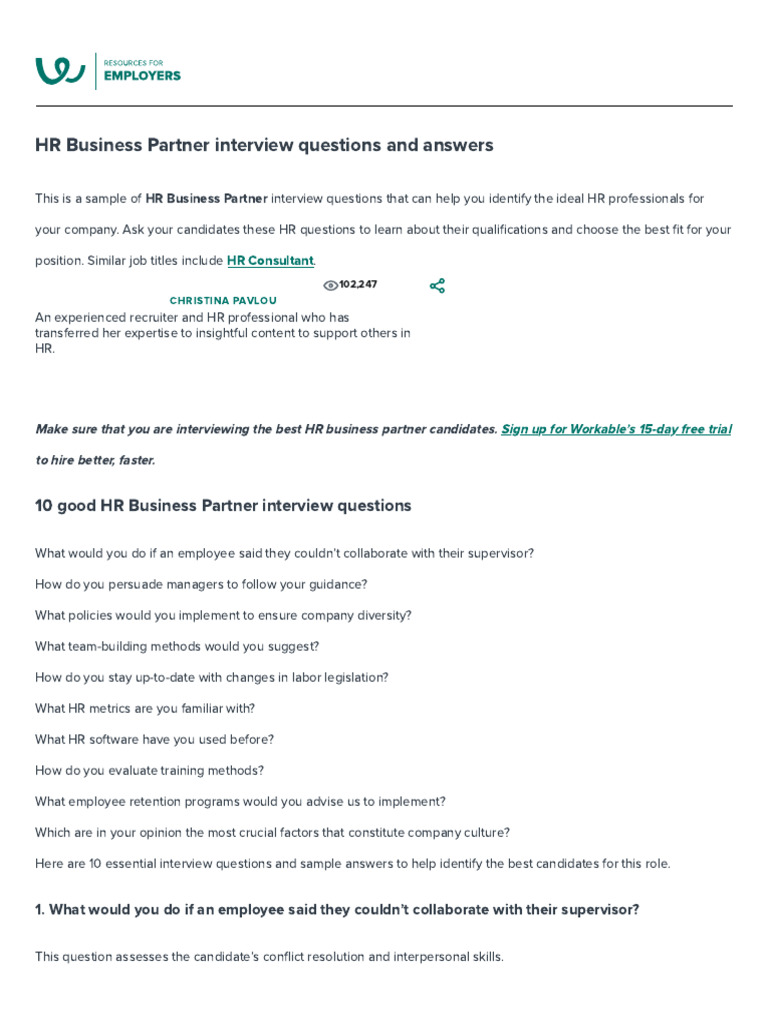 10+ Proven HR Business Partner Interview Questions (+answers) | PDF | Employee Retention ...