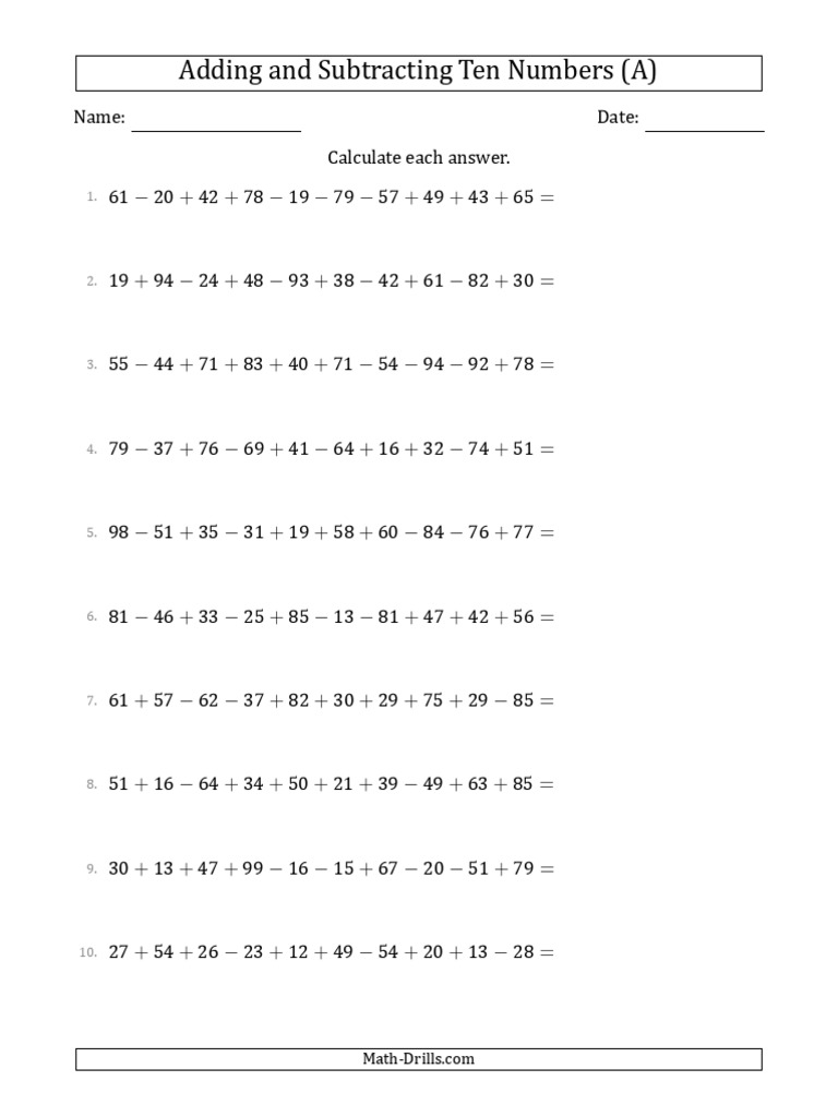 Adding Subtracting Multiple Numbers 2digit 10 Terms 001.1566856813 | PDF