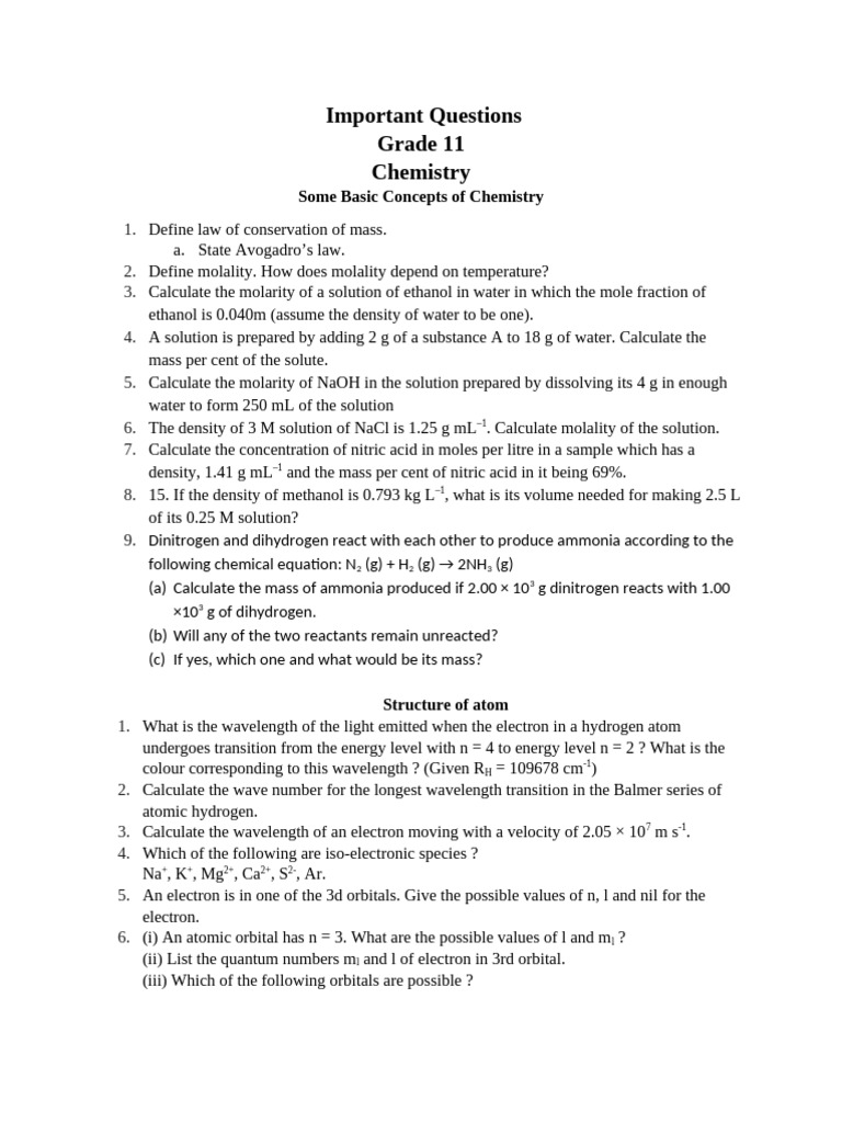 Chem Important Questions 11th - 2023 | PDF | Electron | Chemical Bond