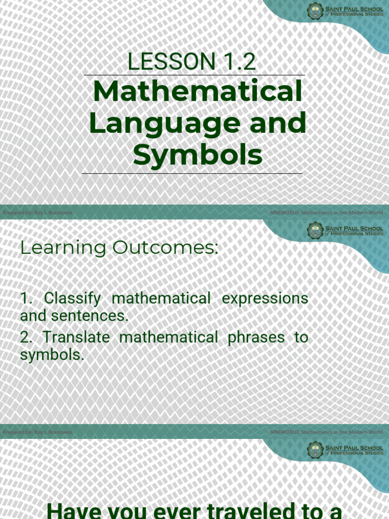 Lesson 1.2 Mathematical Language and Symbols | PDF | Numbers | Mathematics